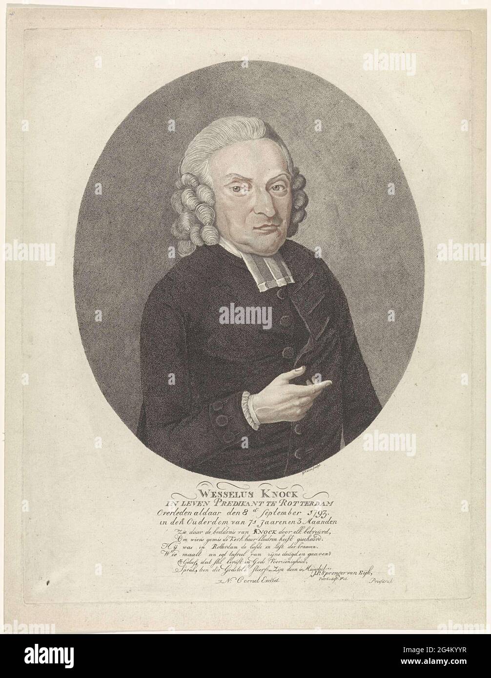 . Portrait of wesselus knock, pastor in Rotterdam. He wears a wig and a ...