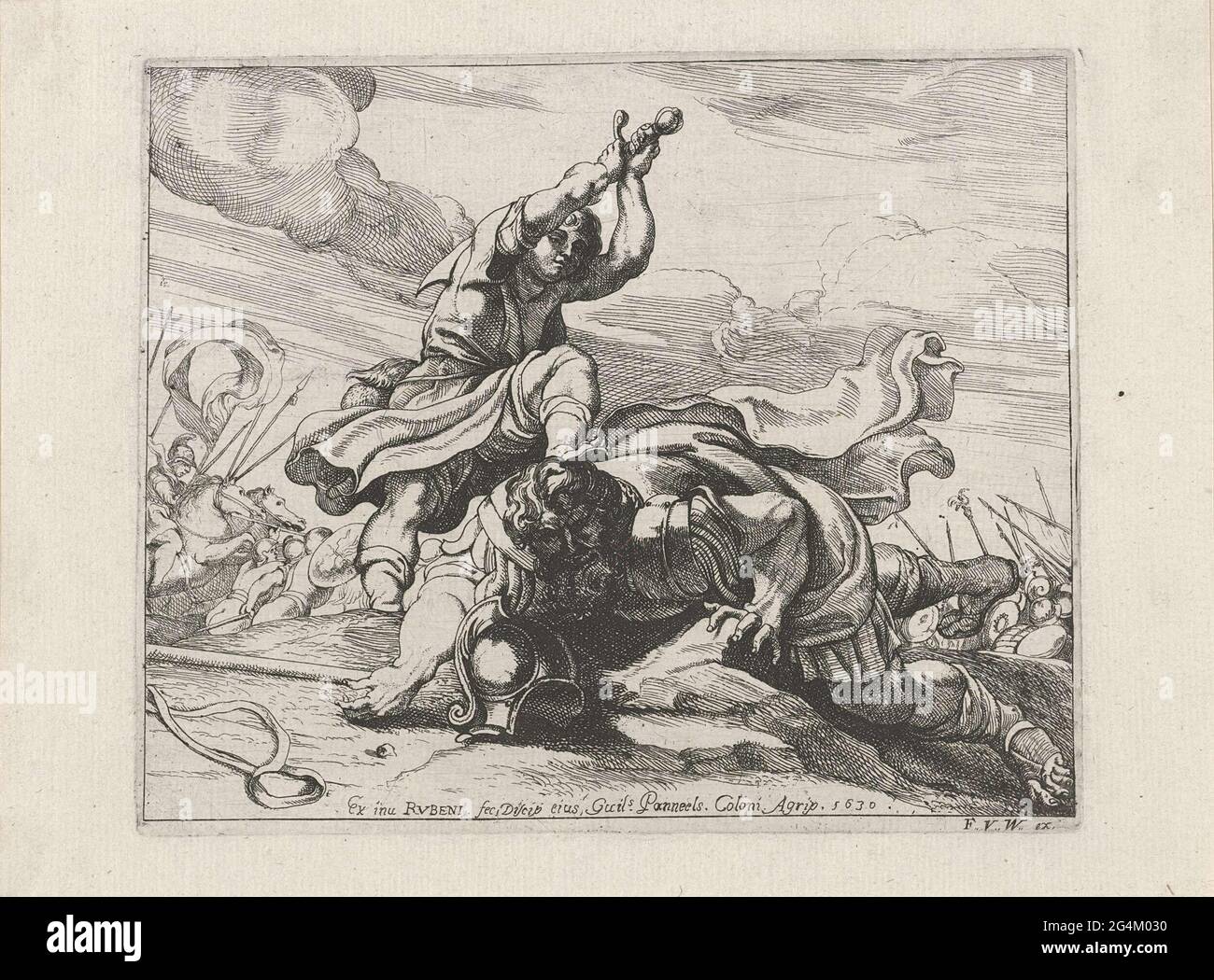 . Battlefield with the young David who is about to behead to Goliath ...