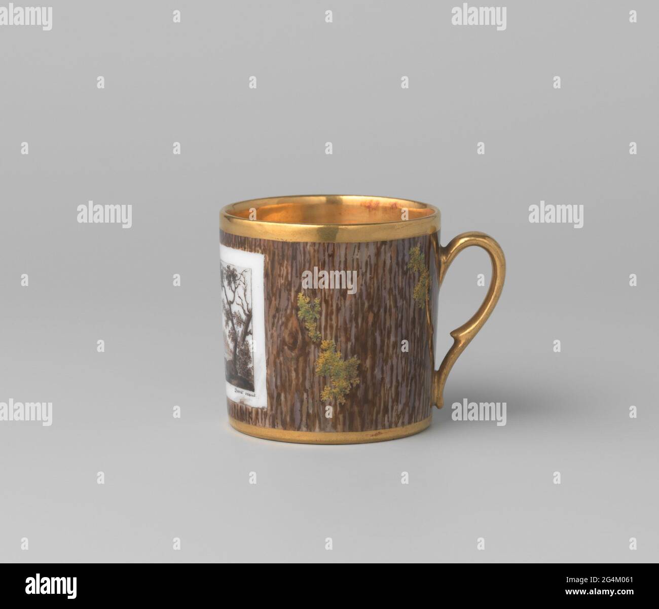Cup, decorated with tree bark imitation and vignette with landscape ...