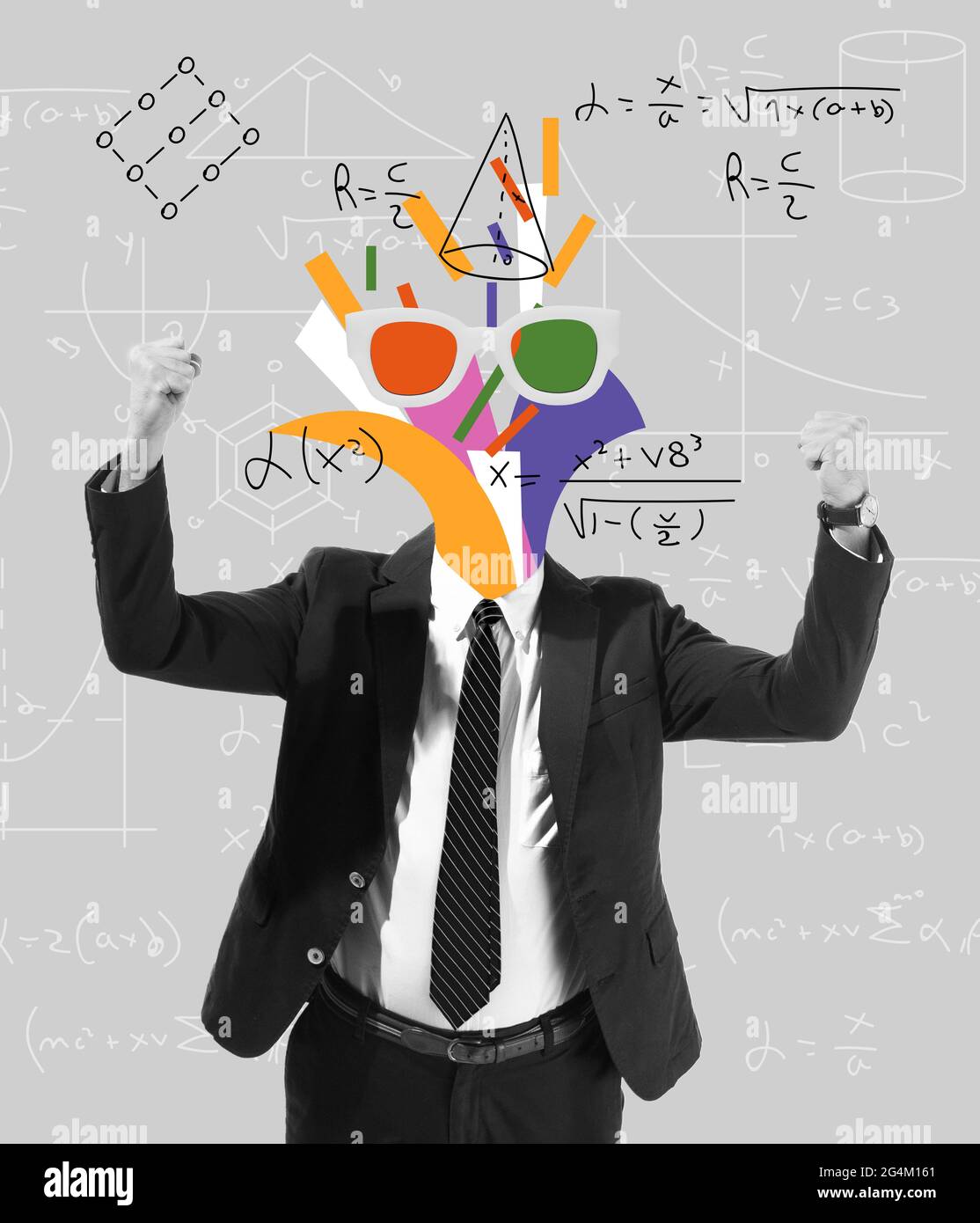 Calculation and formulas in man's head. Modern design, contemporary art ...