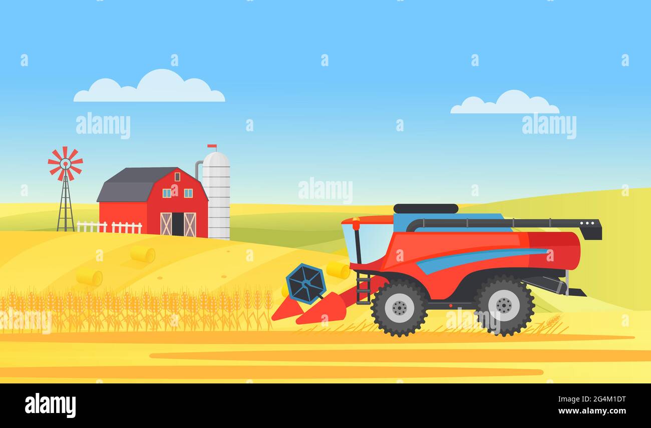 Wheat farm harvester working in village rural landscape, agriculture ...