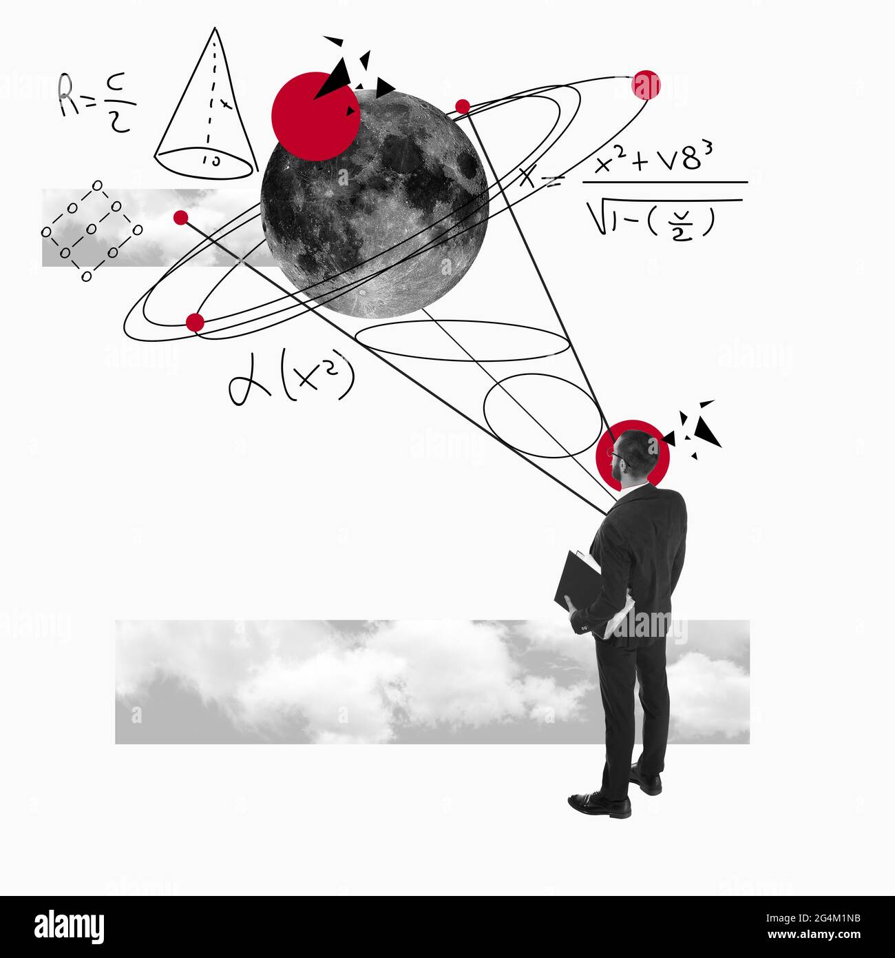 Calculation and formulas in man's head. Modern design, contemporary art ...