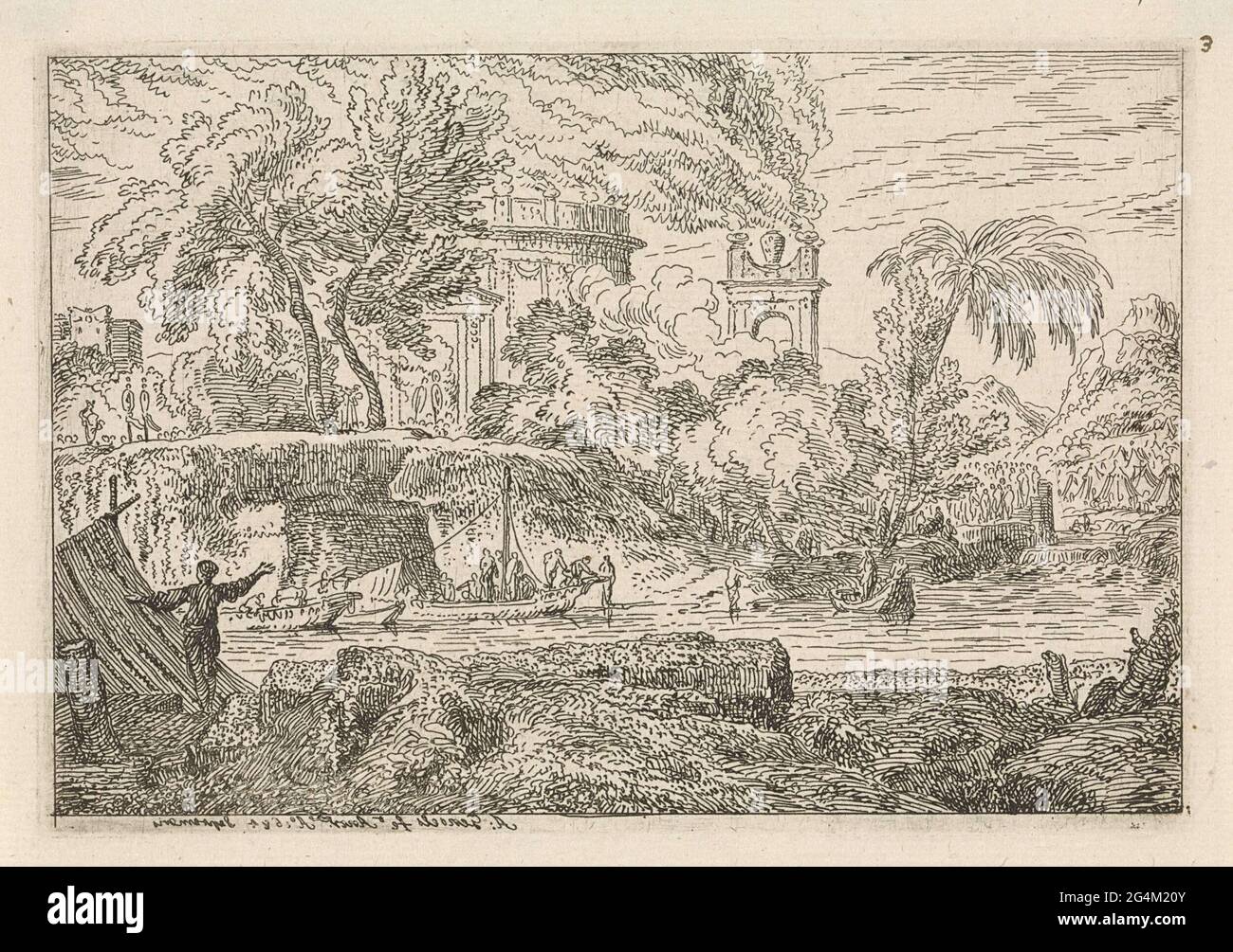. Landscape with a river. A temple and a triumphal arch in the ...