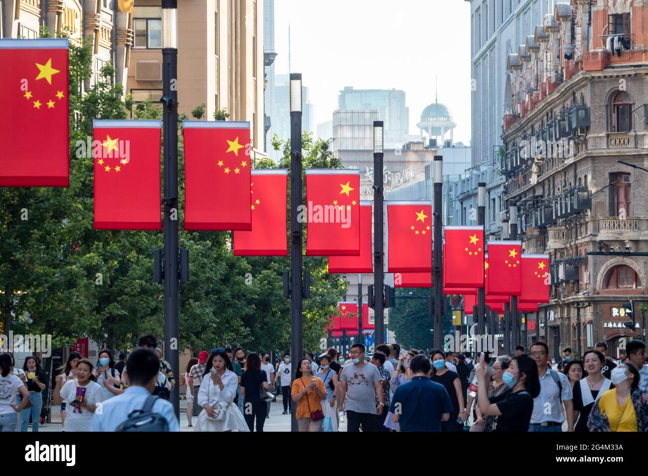 SHANGHAI, CHINA - JUNE 22, 2021 - Five-starred red flags line the ...
