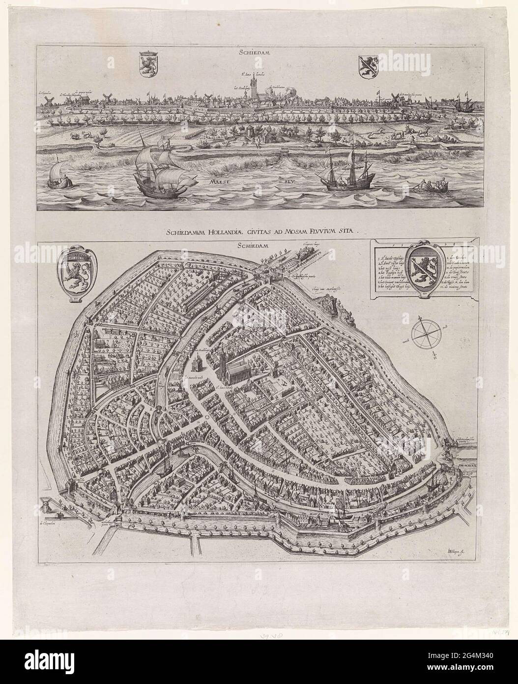 . Above a panorama of Schiedam, with the river Maas river and in the ...