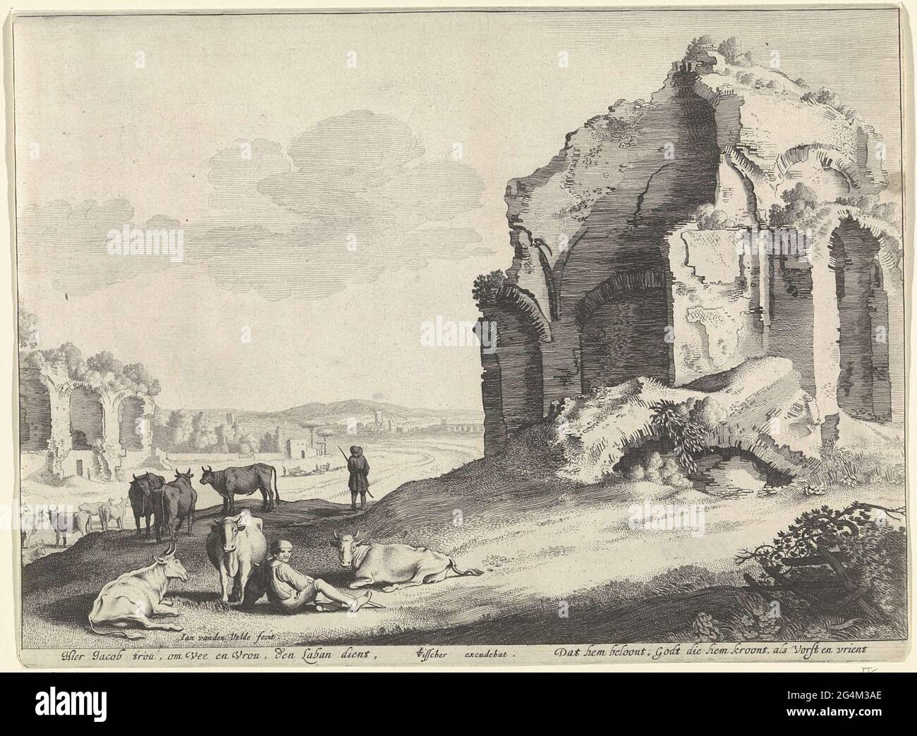 . Jacob working as a shepherd in exchange for Rachel, in a landscape ...