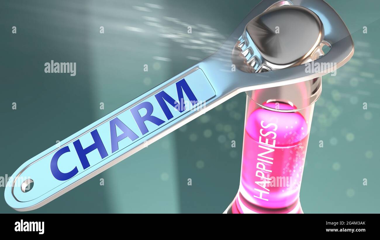 Charm open the way for happiness and brings joy - shown as a happy bottle opened by Charm to ...