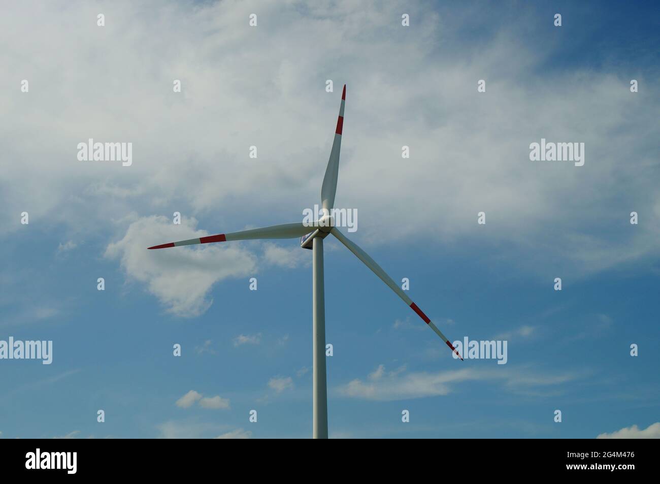 KARBEN, GERMANY - Jun 21, 2021: A Mainova wind turbine against the blue ...