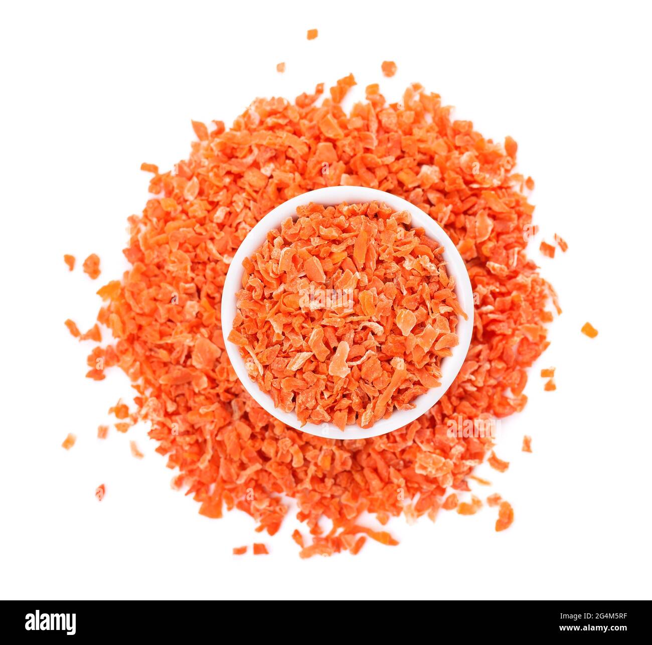 Dry carrot in bowl, isolated on the white background. Chopped dried ...