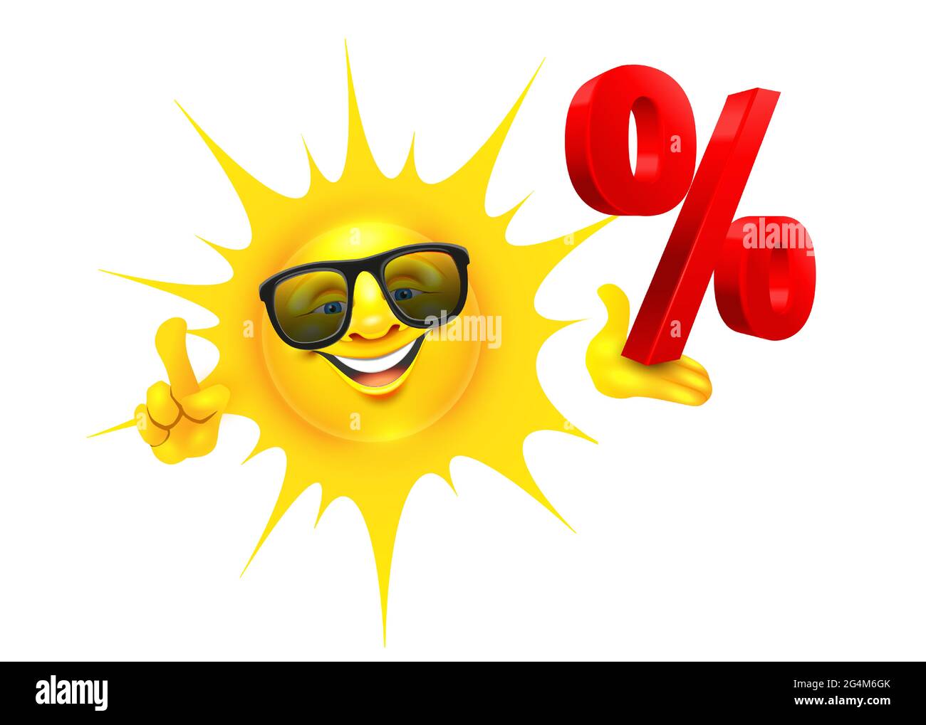 Funny sun character with sun glasses presenting big percentage sign ...