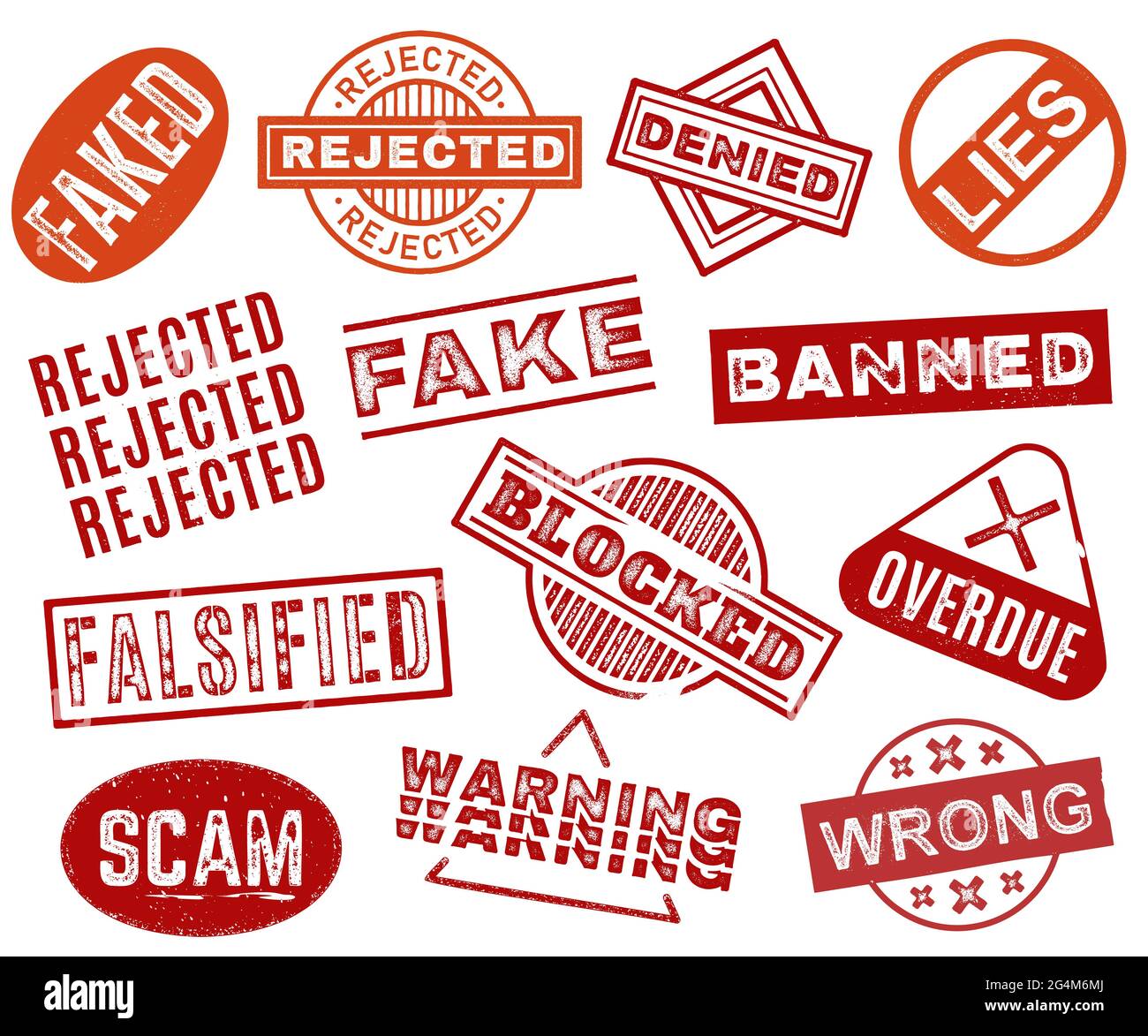 Red colored stamps with various inscriptions including Fake Scam Wrong ...