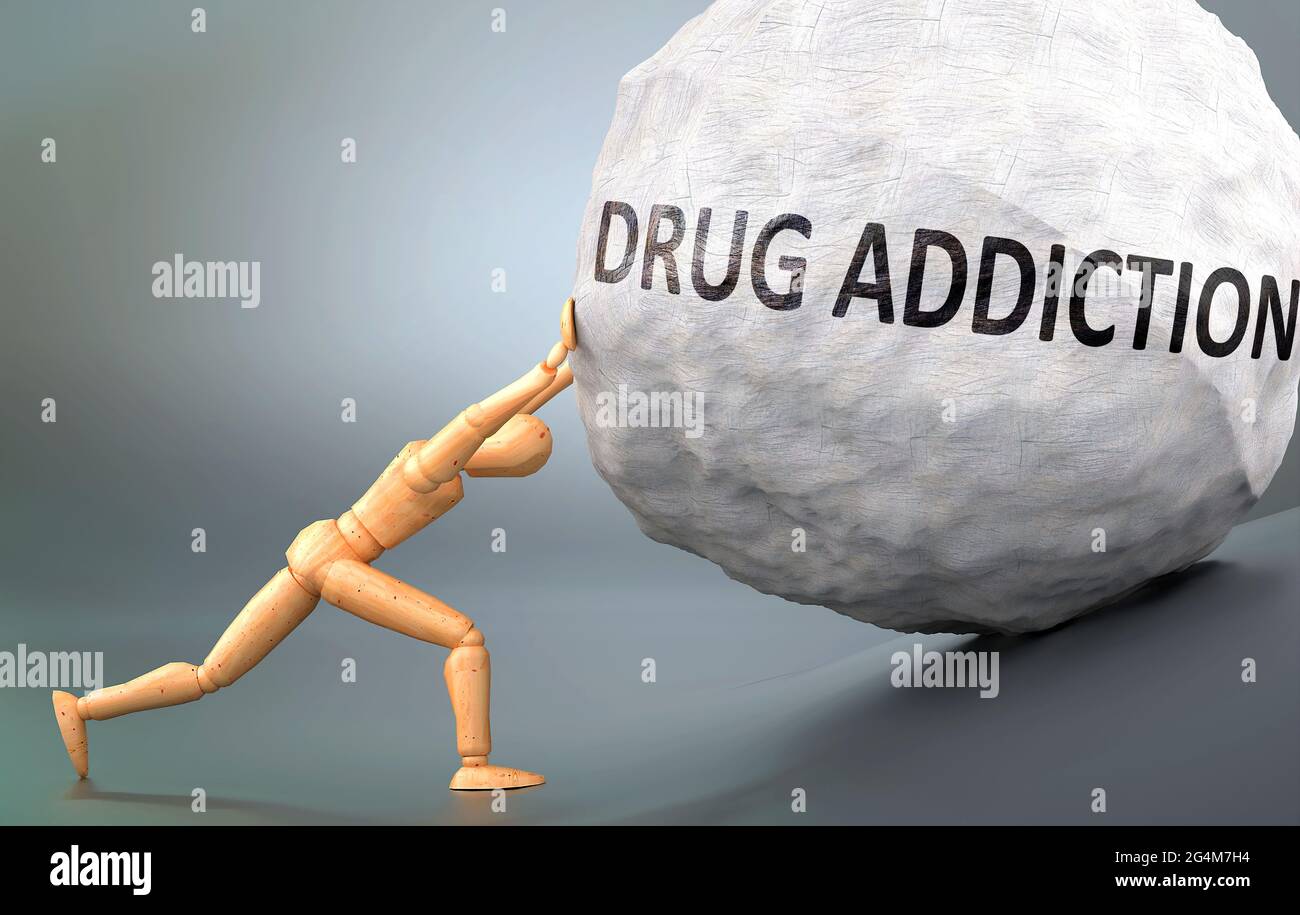 Drug addiction and painful human condition, pictured as a wooden human ...