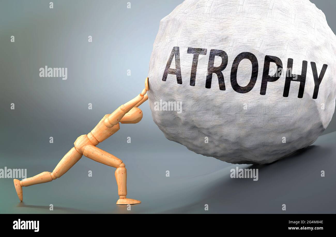 Atrophy and painful human condition, pictured as a wooden human figure ...