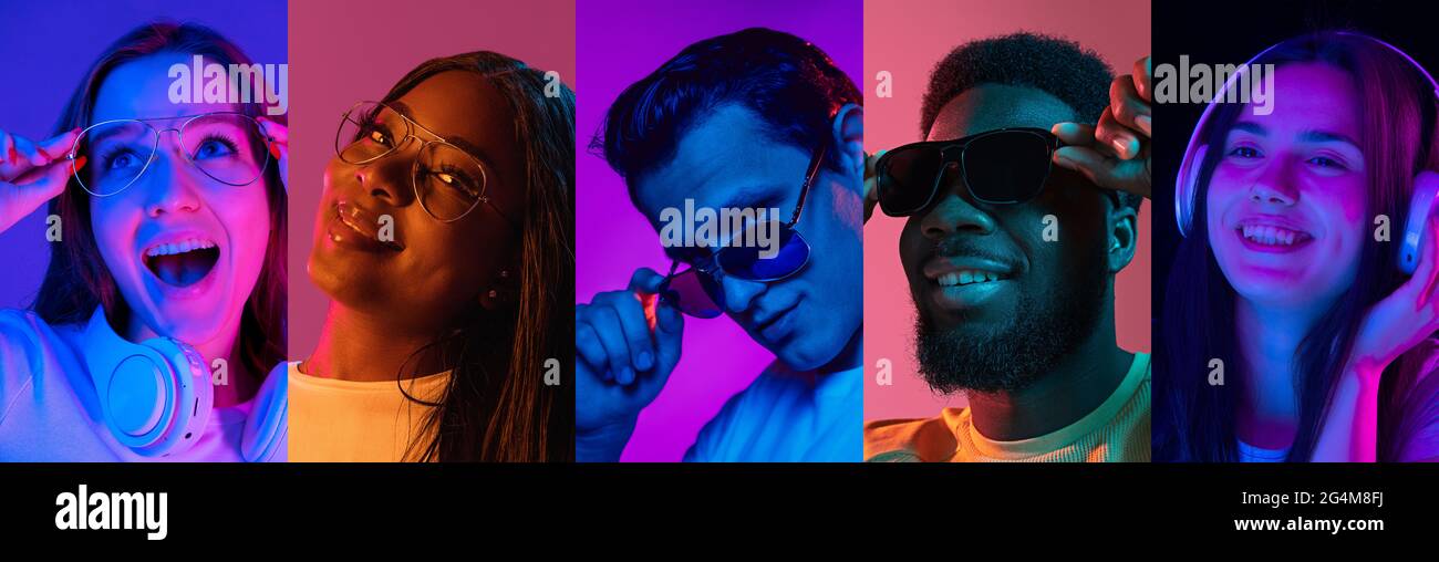 Portraits of group of people on multicolored background in neon light ...