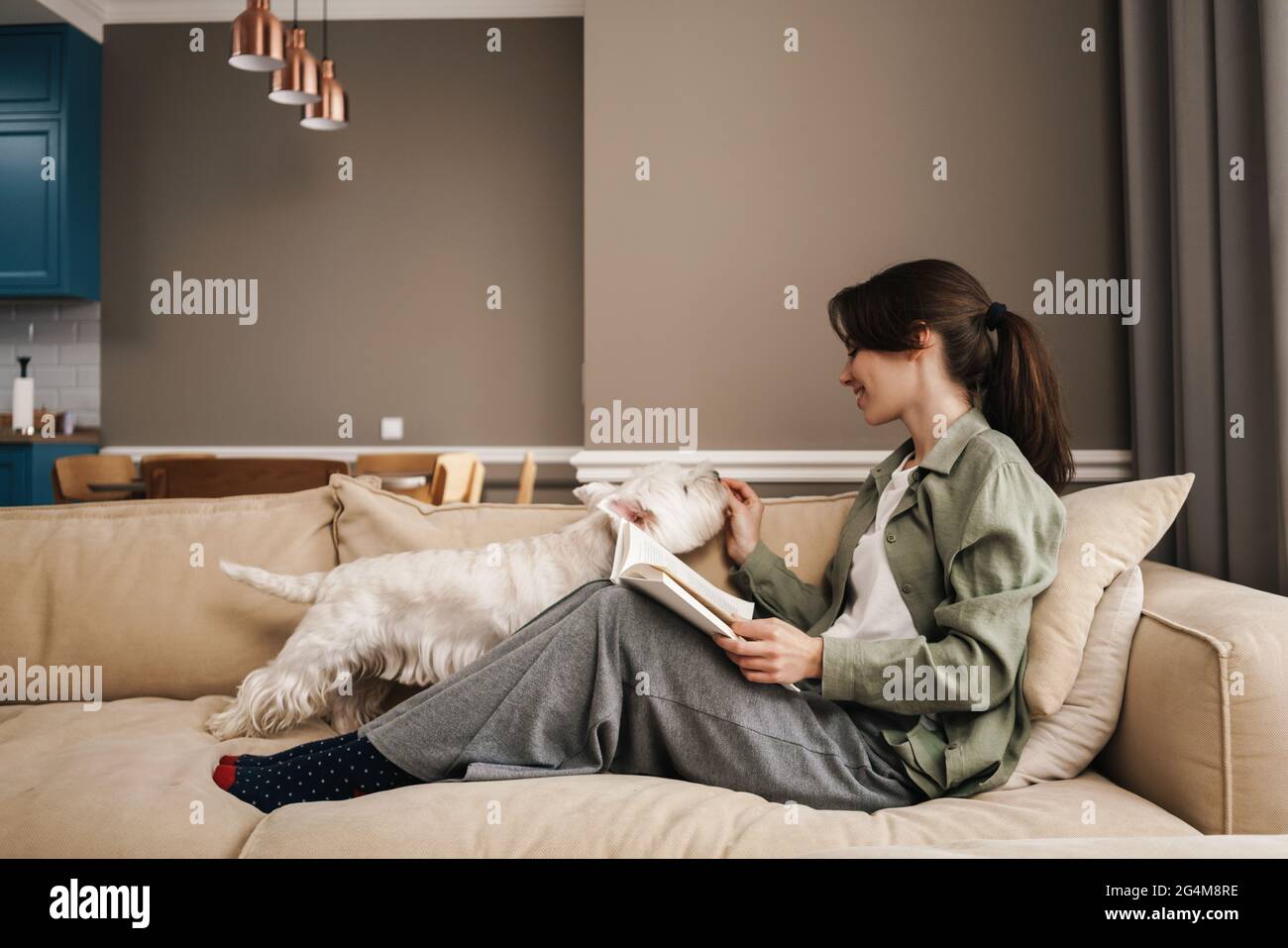 Happy white woman reading book while resting with her dog on sofa at ...