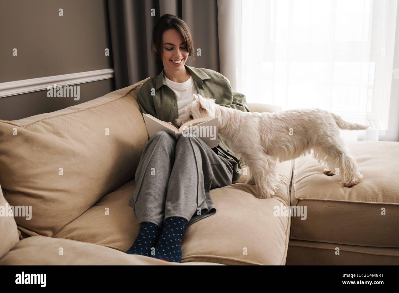 Happy white woman reading book while resting with her dog on sofa at ...