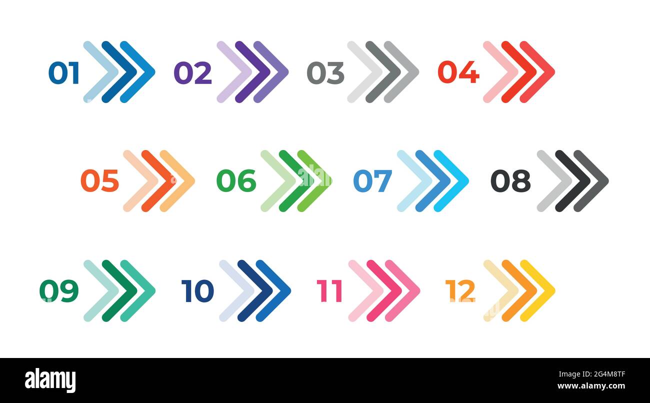Colourful arrows set on white. Direction number bullet points from one to twelve Stock Vector ...