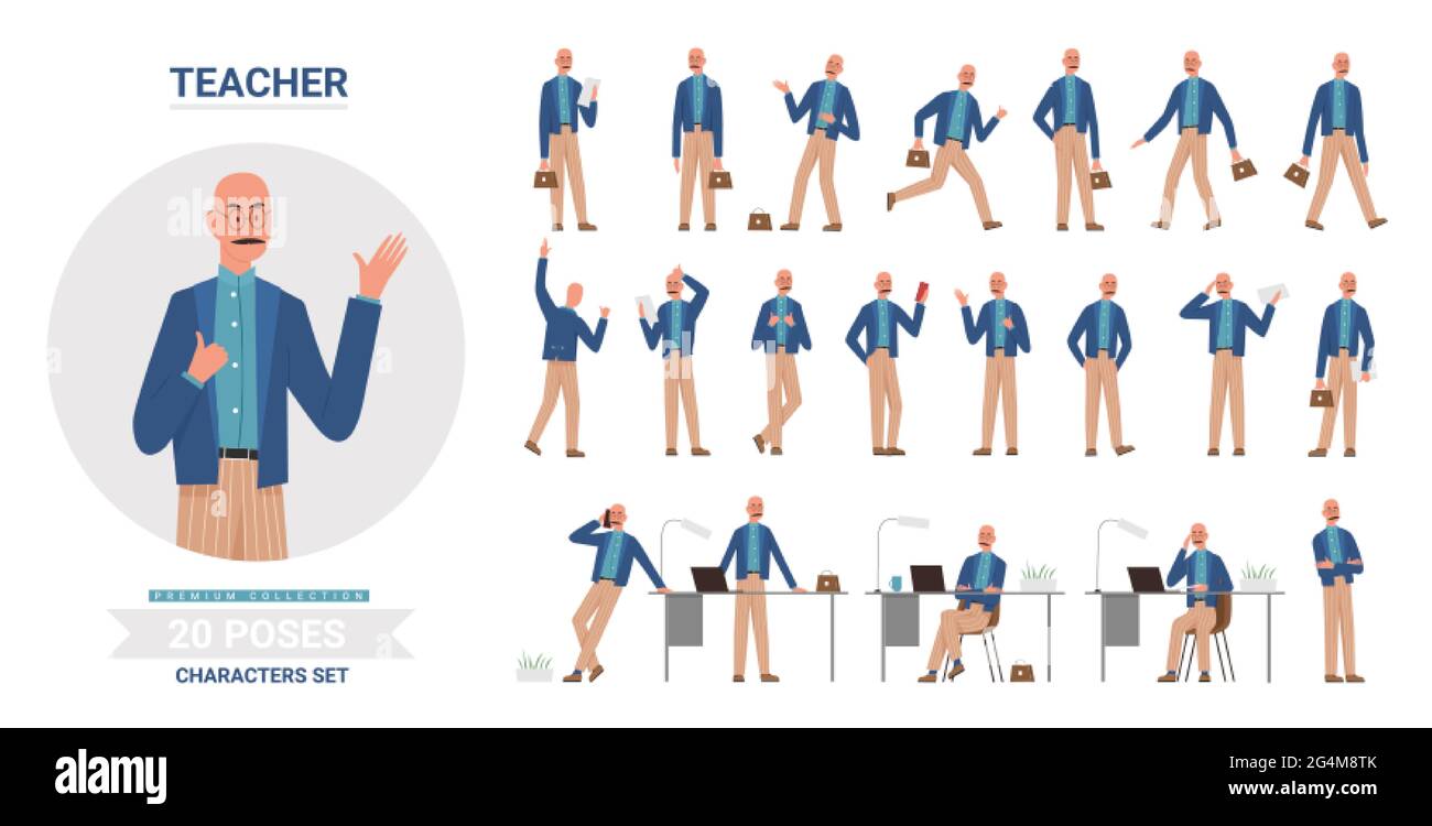 Teacher man poses vector illustration set. Cartoon smiling male school ...
