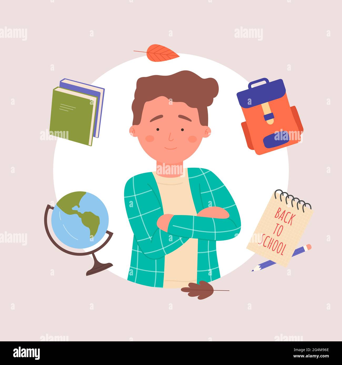 Back to school, avatar profile portrait of boy with school supplies ...
