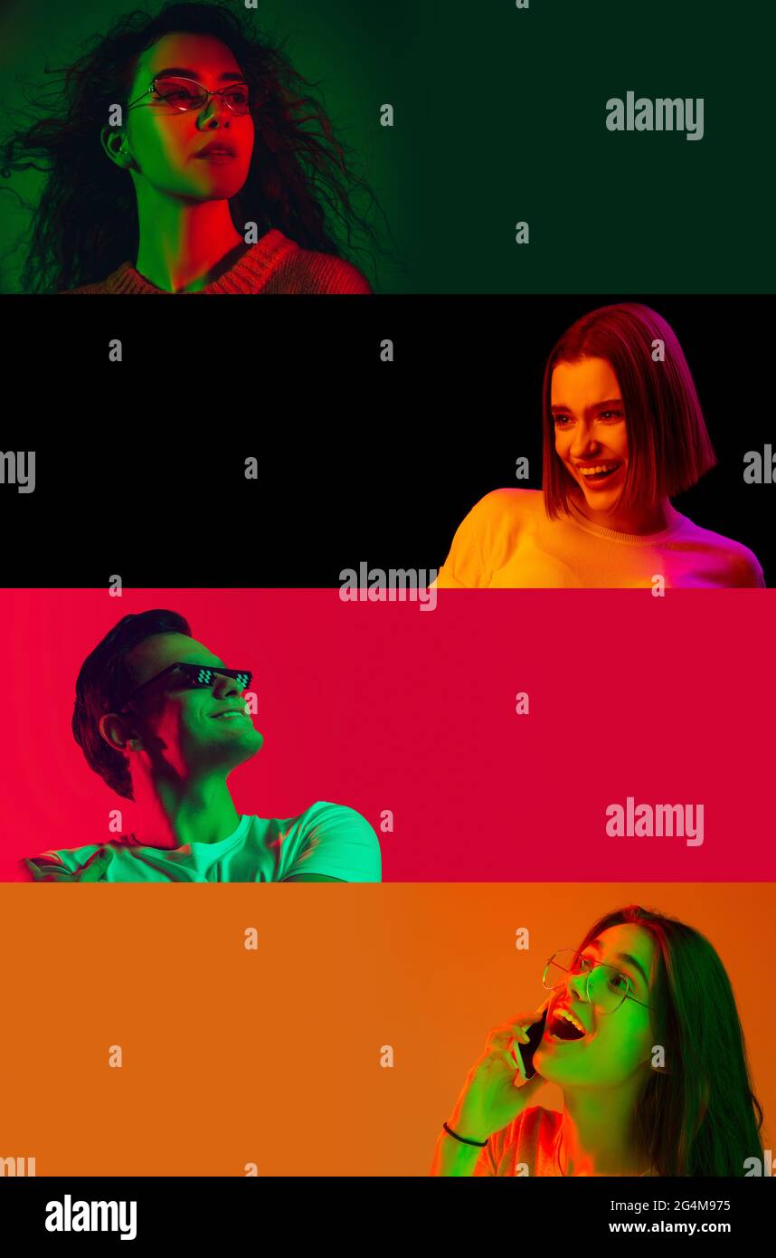 Green, black, red and orange neon colors. Portraits of group of people ...