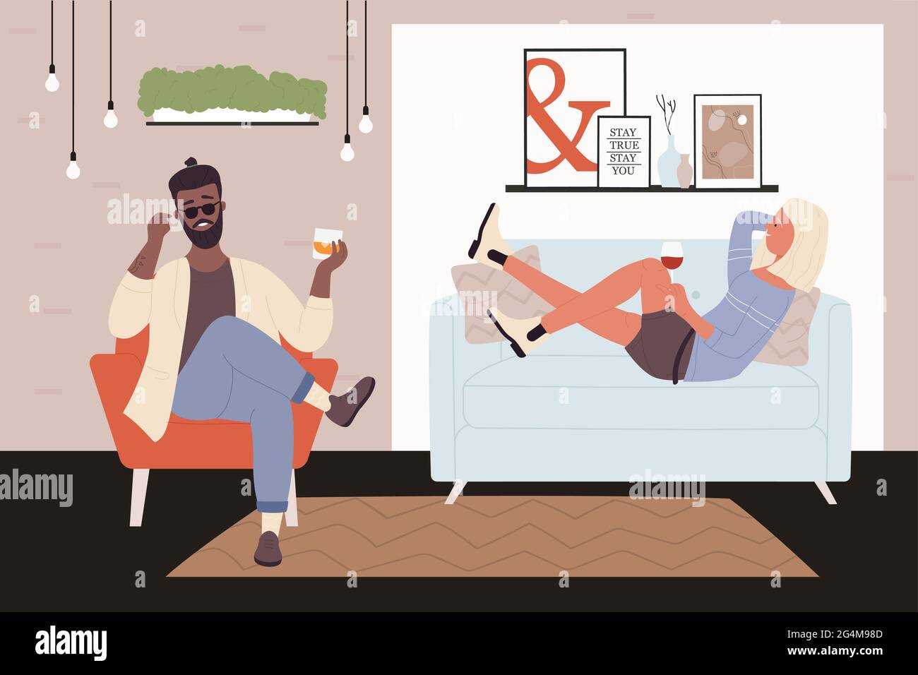 Couple people rest in home apartment interior together vector ...