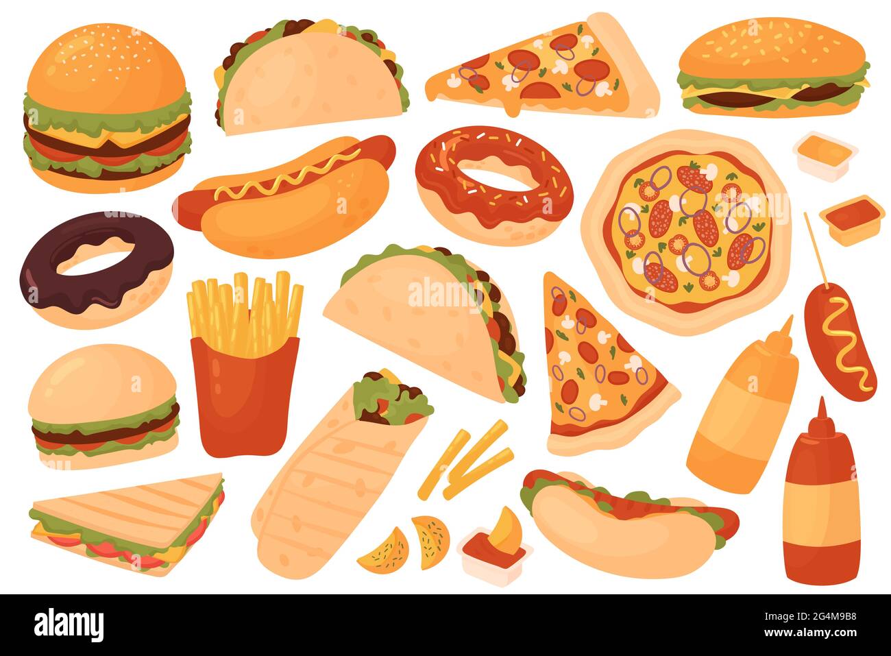 Fast food restaurant menu set vector illustration. Cartoon yummy ...
