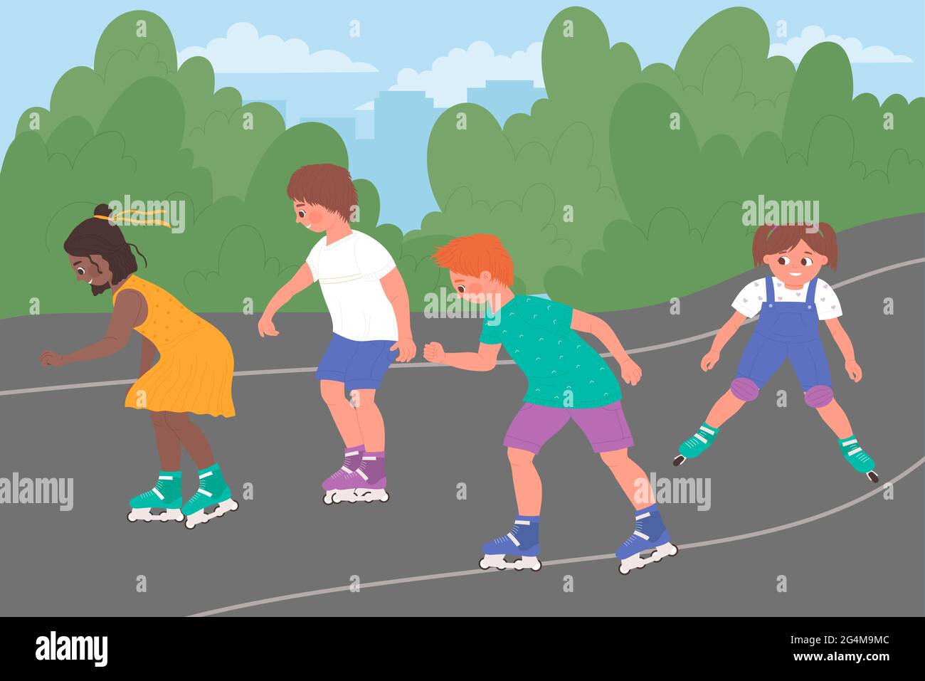 Children roller skating together, fun sports outdoor activity at summer ...
