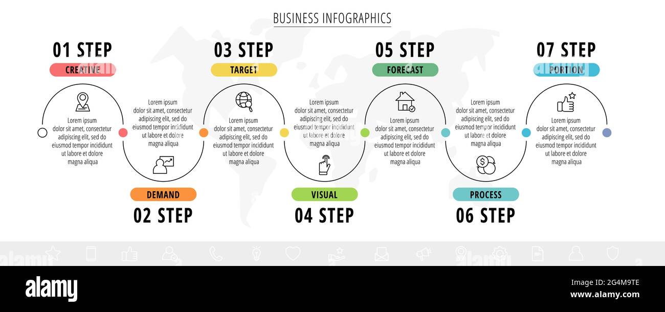 Line minimal infographics timeline with seven steps. Chart process ...