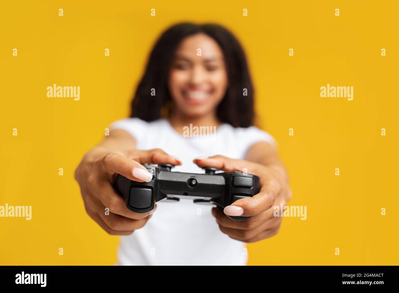 New videogame advertisement concept. Overjoyed african american woman ...