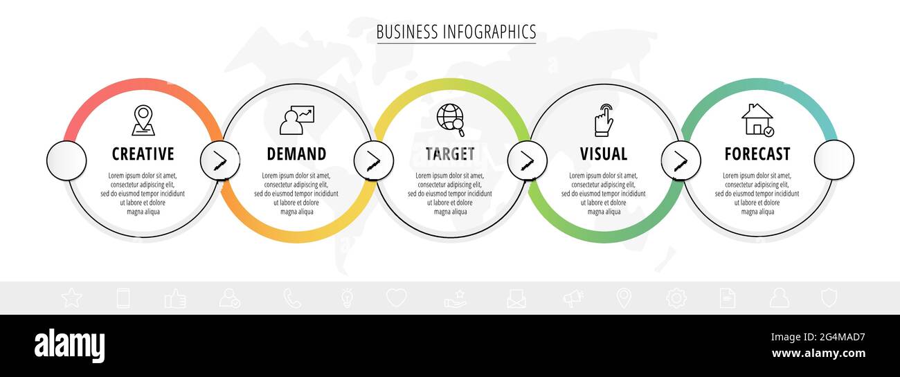 Business vector infographics with five line circles. Timeline ...