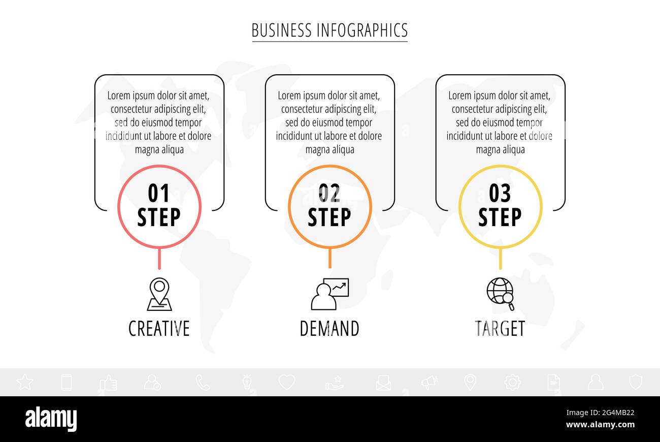 Vector three step line infographic from circles with icons and squares ...