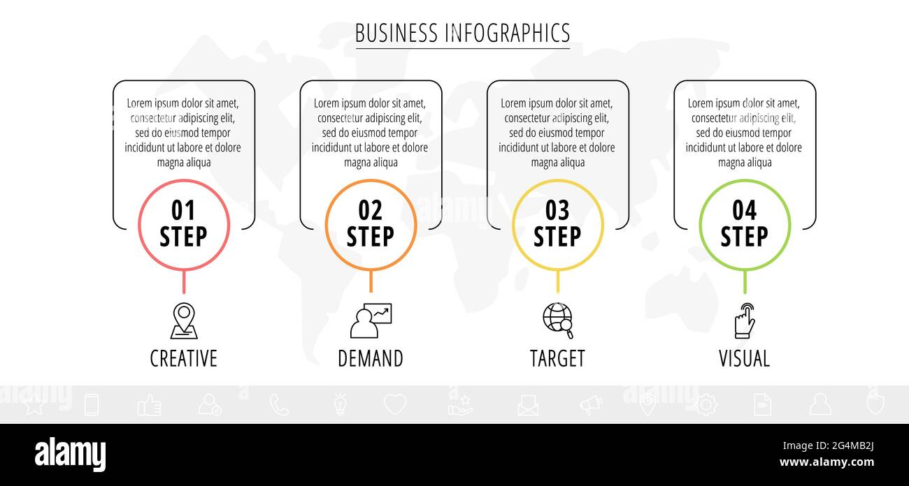 Vector four step line infographic from circles with icons and squares ...