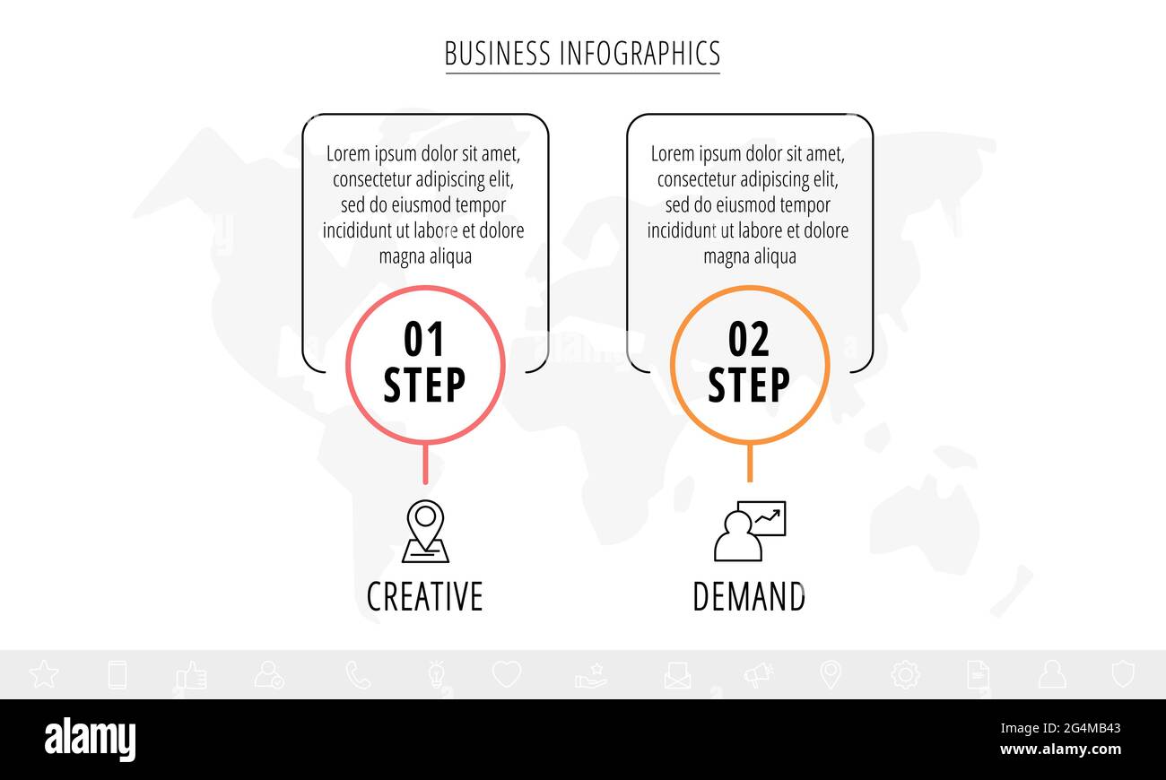 Vector 2 step line infographic from circles with icons and squares ...