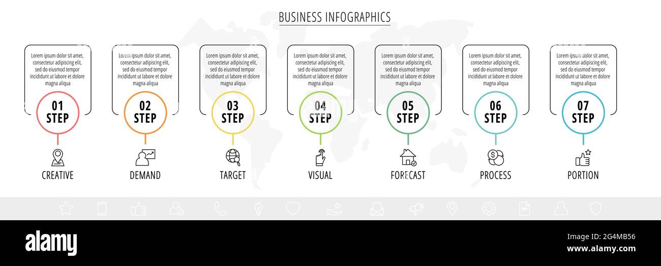 Vector seven step line infographic from circles with icons and squares ...