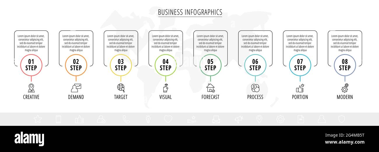 Vector eight step line infographic from circles with icons and squares ...