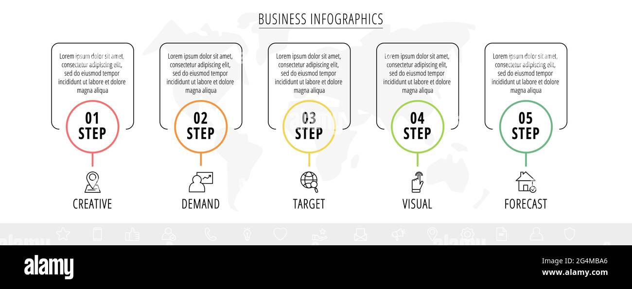 Vector five step line infographic from circles with icons and squares ...