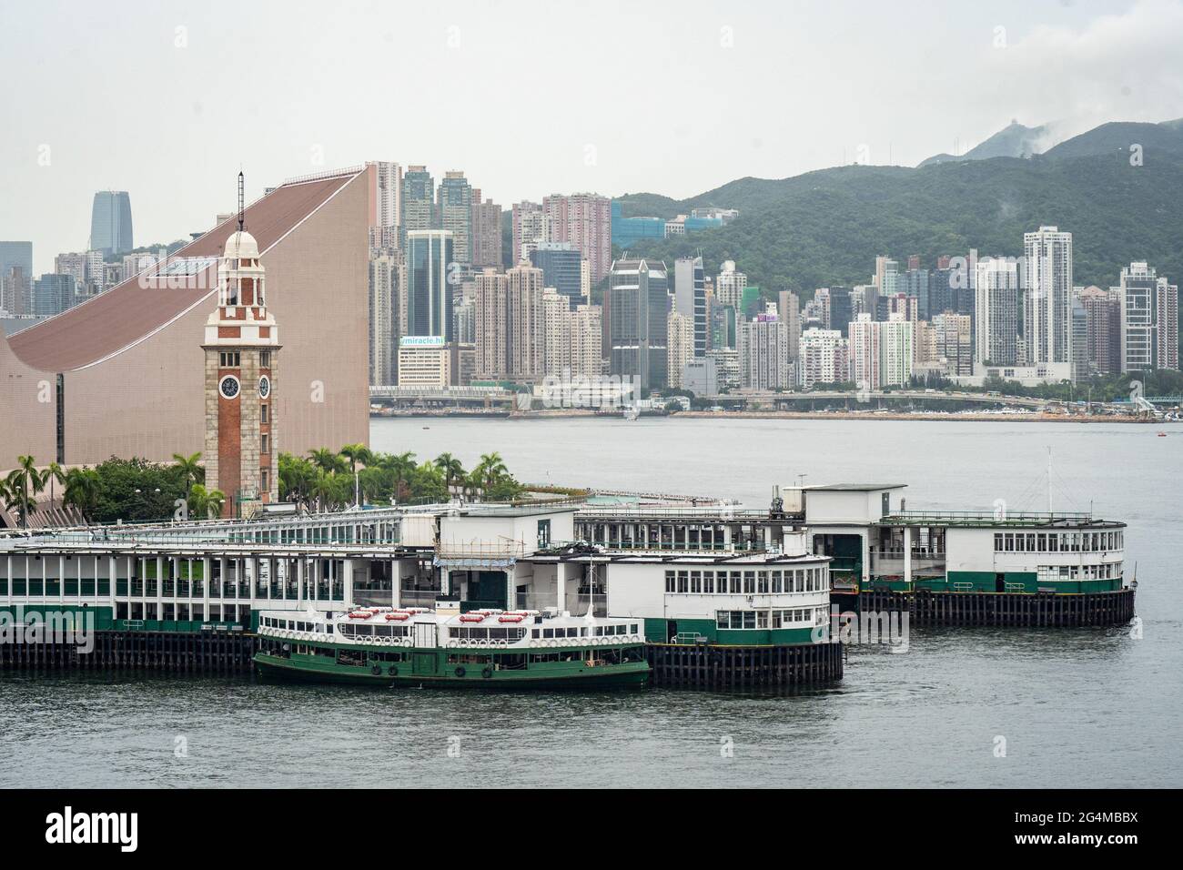 Hong Kong, China. 22nd June, 2021. Star Ferries are docked at a pier in Tsim Sha Tsui at the ...