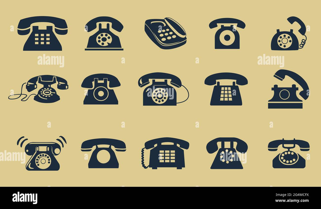 Set of Various classic telephones in retro vintage styled graphics ...
