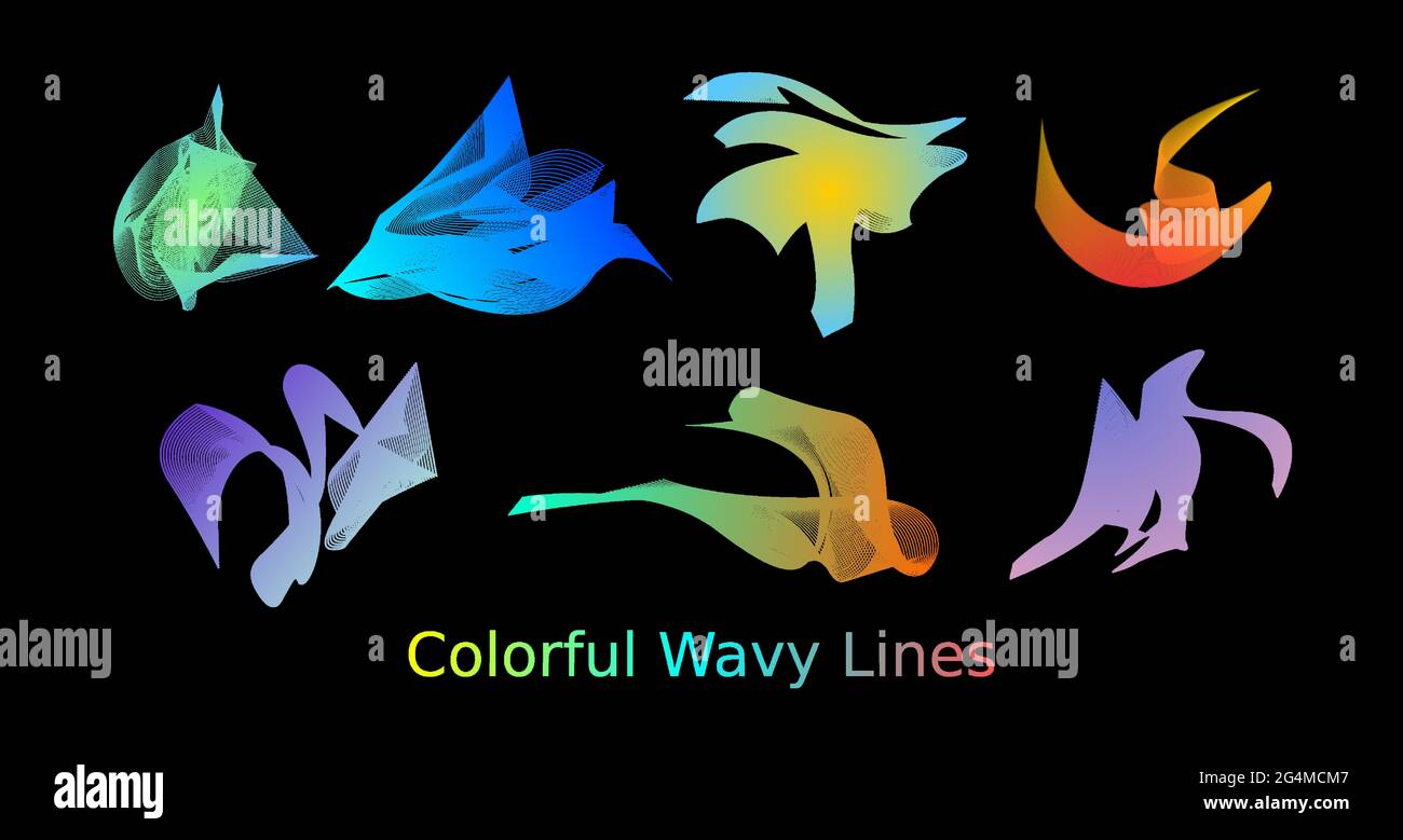 Wavy lines in different shapes in different gradient color on black ...