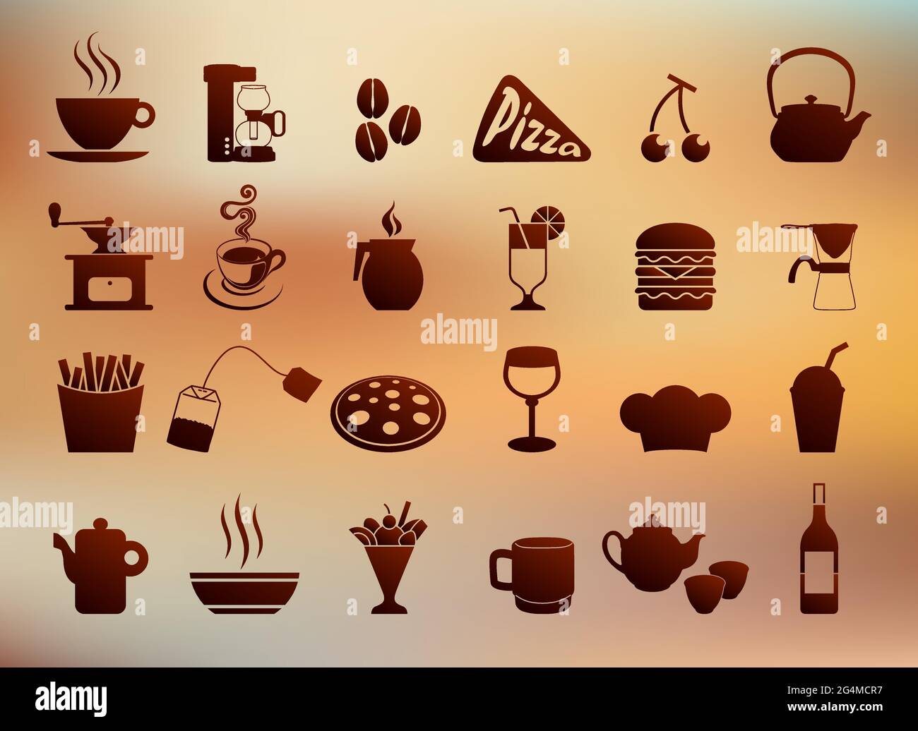 Cafe icon set in coffee or chocolate color on blur background Stock ...