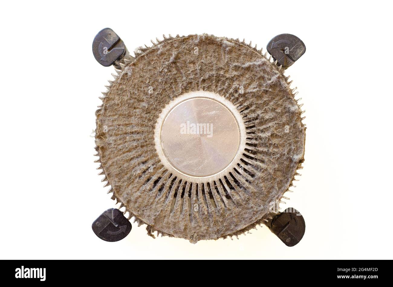 Isolated shot of a dirty computer fan covered with dust, fur and other ...