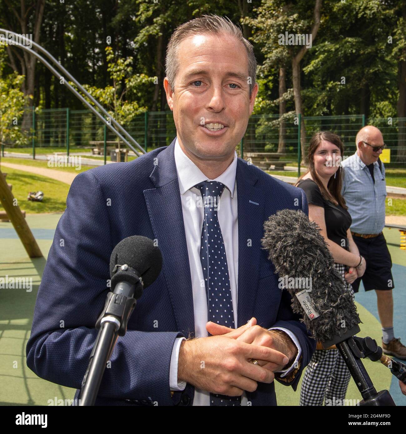 First Minister Paul Givan during an interview at the Mo Mowlam Playpark ...