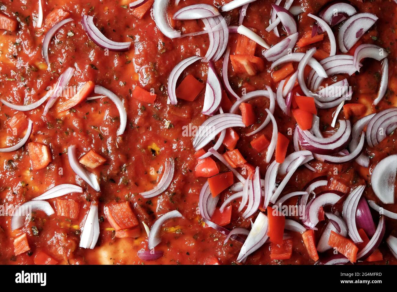 Sauce with onions, cheese, tomatoes, pepper, and processed meat Stock ...