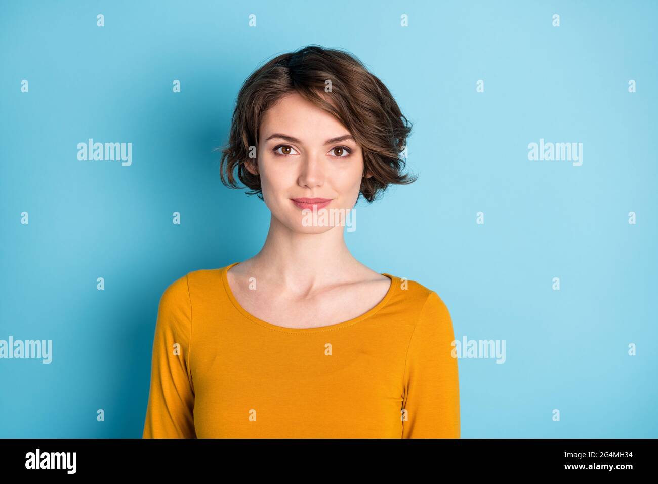 Portrait Of Optimistic Nice Brunette Short Hairdo Lady Wear Brown Shirt