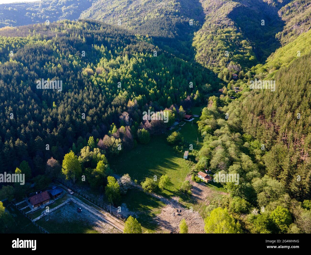 Aerial view of Elenska Basilica -Ruins of early Byzantine Christian church near town of Pirdop ...