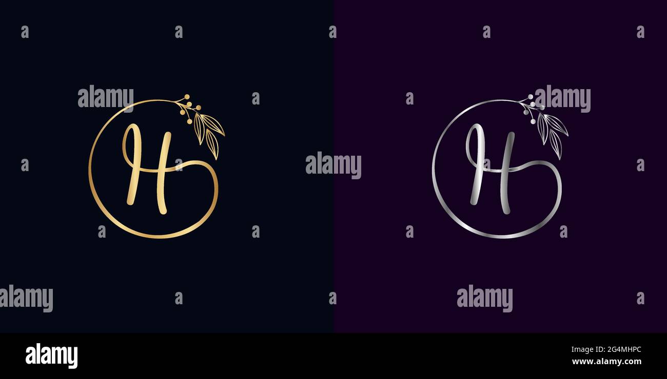 set of luxury golden and silver signature letter H isolated circle with ...