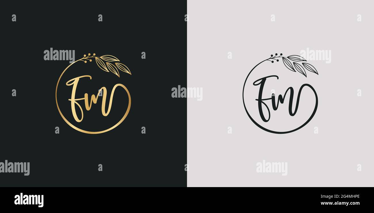 luxury golden signature letter F and m isolated circle with leaves ...
