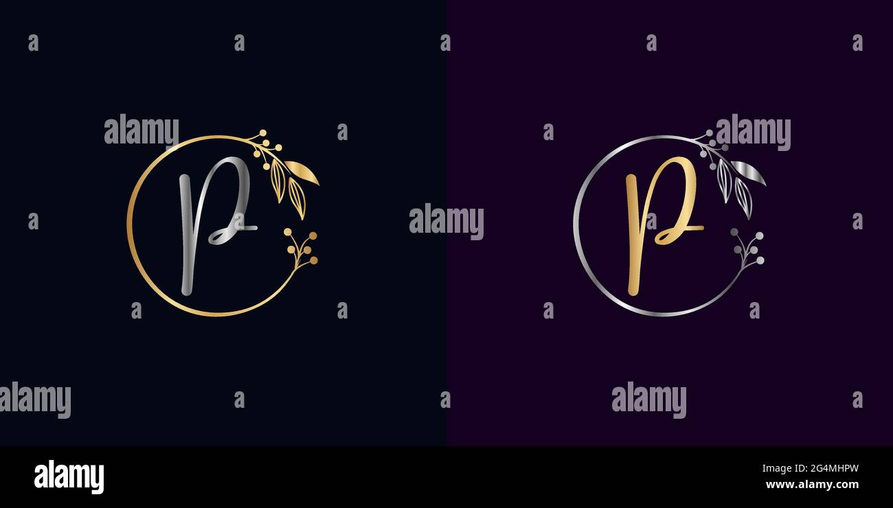 set of luxury golden and silver signature letter P isolated circle with ...