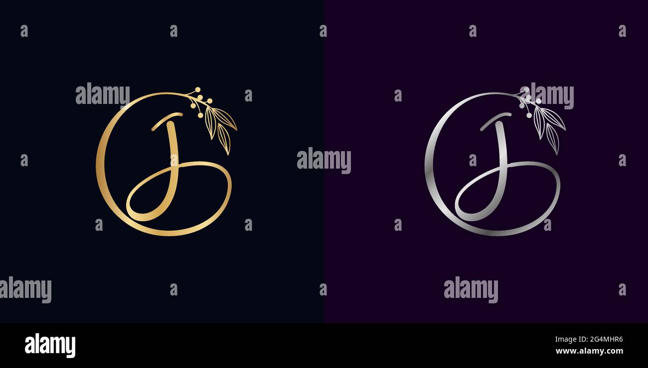 set of luxury golden and silver signature letter J isolated circle with ...