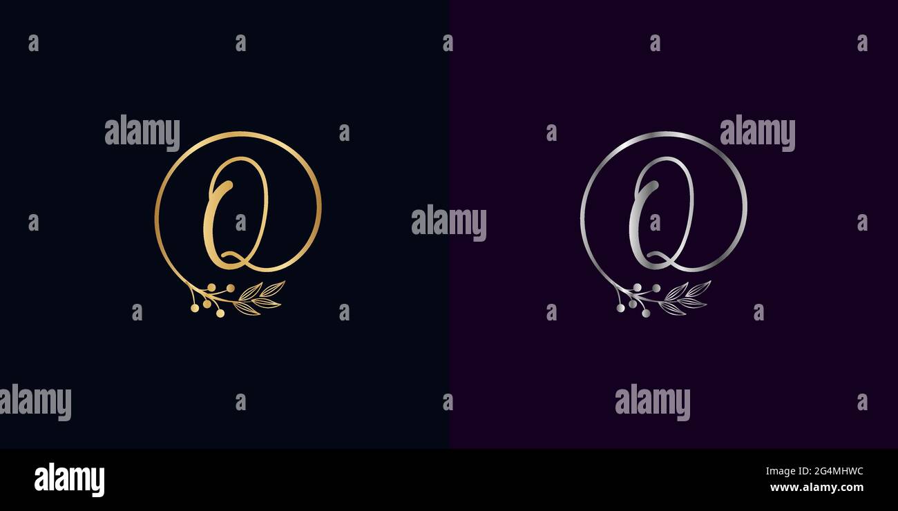 set of luxury golden and silver signature letter Q isolated circle with ...